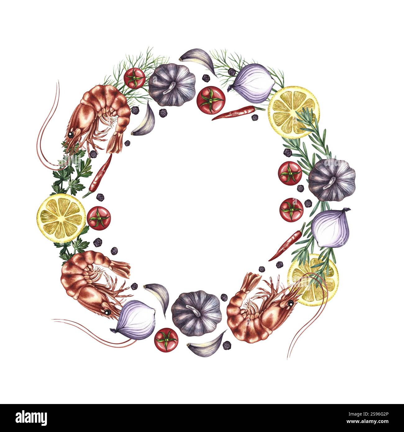 Round frame with shrimp and vegetables. A hand-drawn watercolor ...
