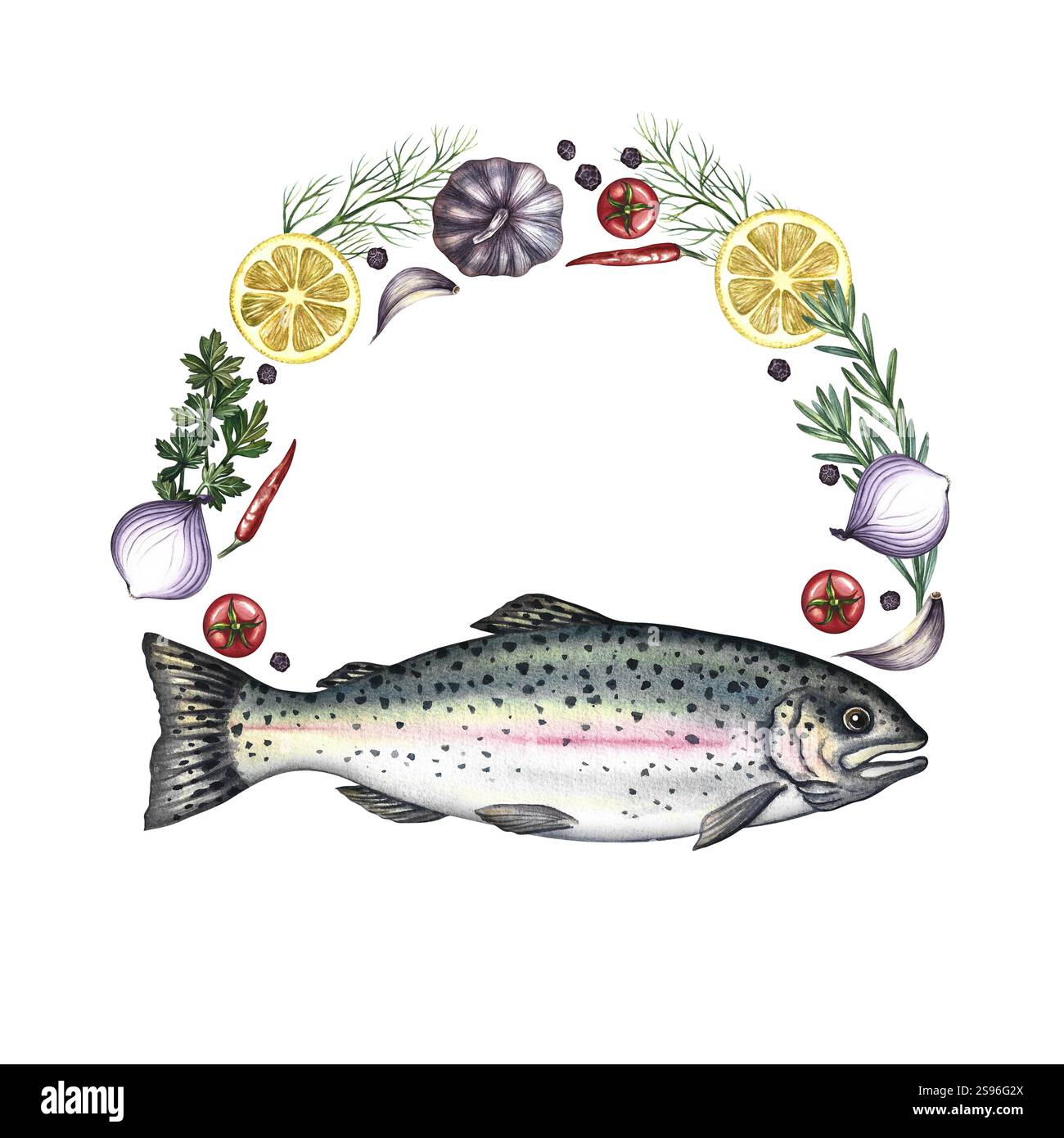 Trout with lemon and vegetables. A hand-drawn watercolor illustration ...