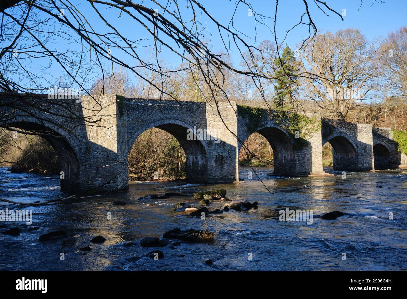 ancient stone bridge over the River Usk at Llangynidr, Wales Stock ...