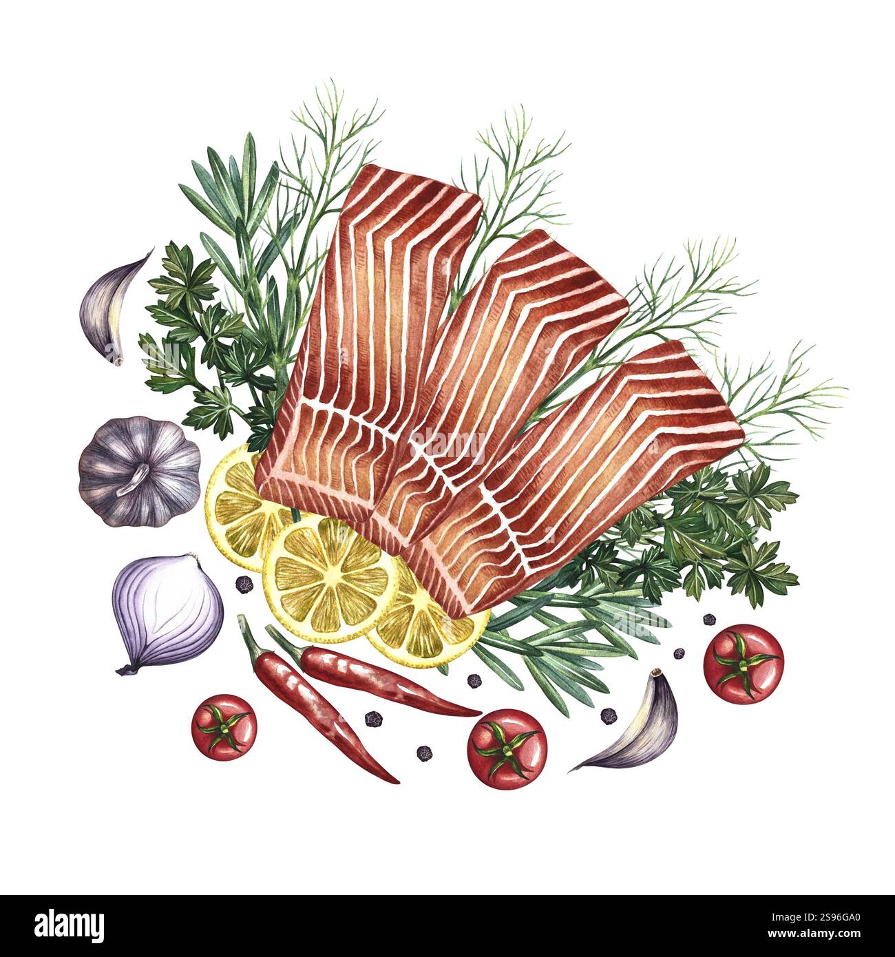 Red fish fillet, sliced, with vegetables. A hand-drawn watercolor ...