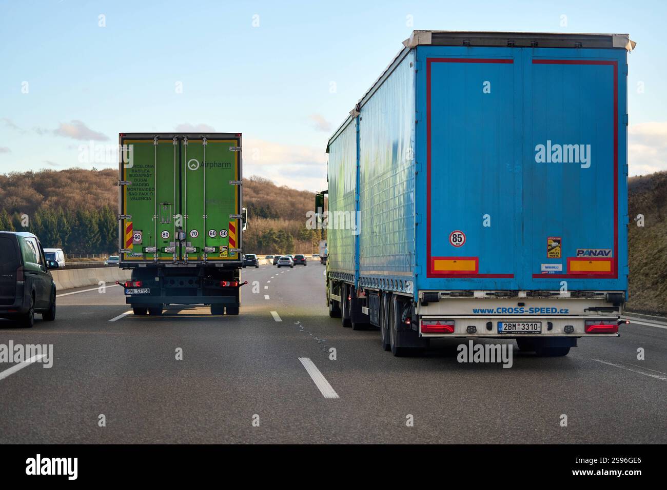 Baden-Württemberg, Germany - 23 January 2025: Truck overtaking on the ...