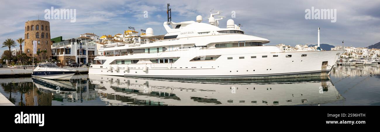 Panorama showing docked luxury royal family superyacht Lady Haya in ...