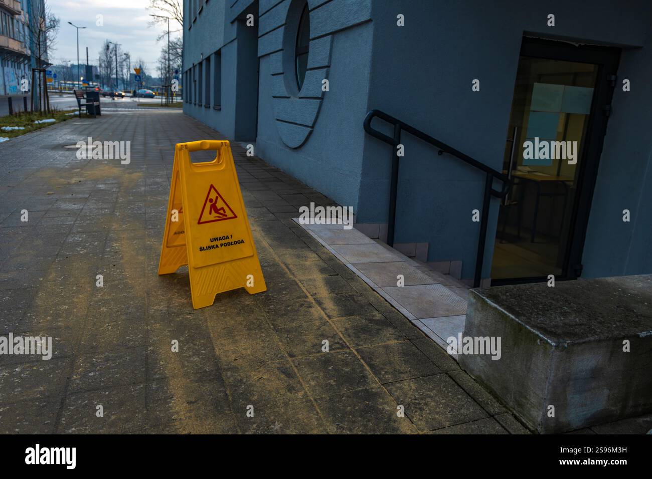 Beware, ice on the sidewalk, beware, slippery, wet stairs, yellow ...