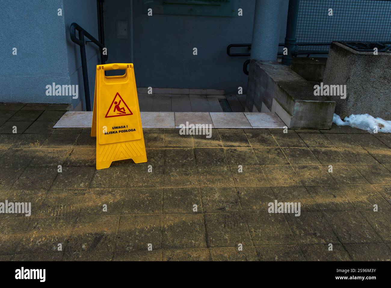 Beware, ice on the sidewalk, beware, slippery, wet stairs, yellow ...