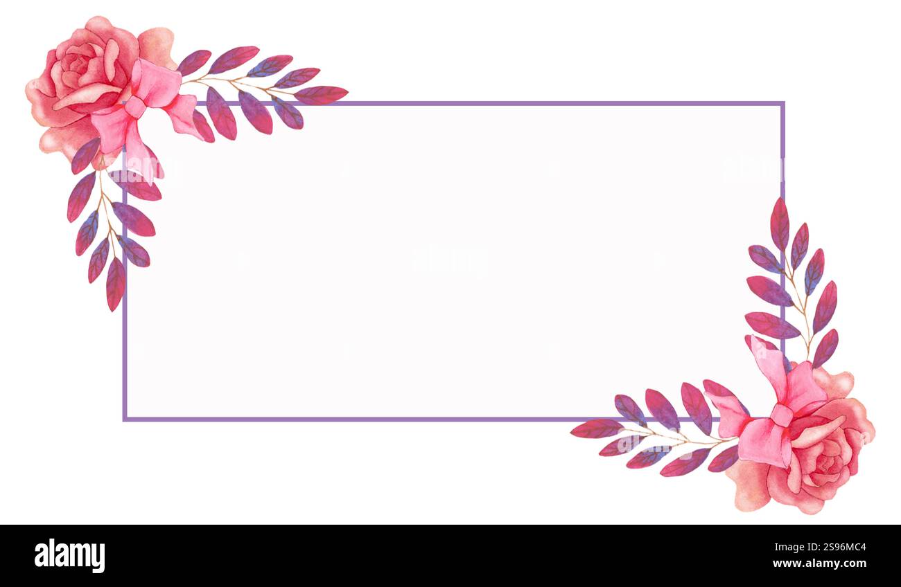 Watercolor rectangle frame with pink bows, roses and violet rose ...