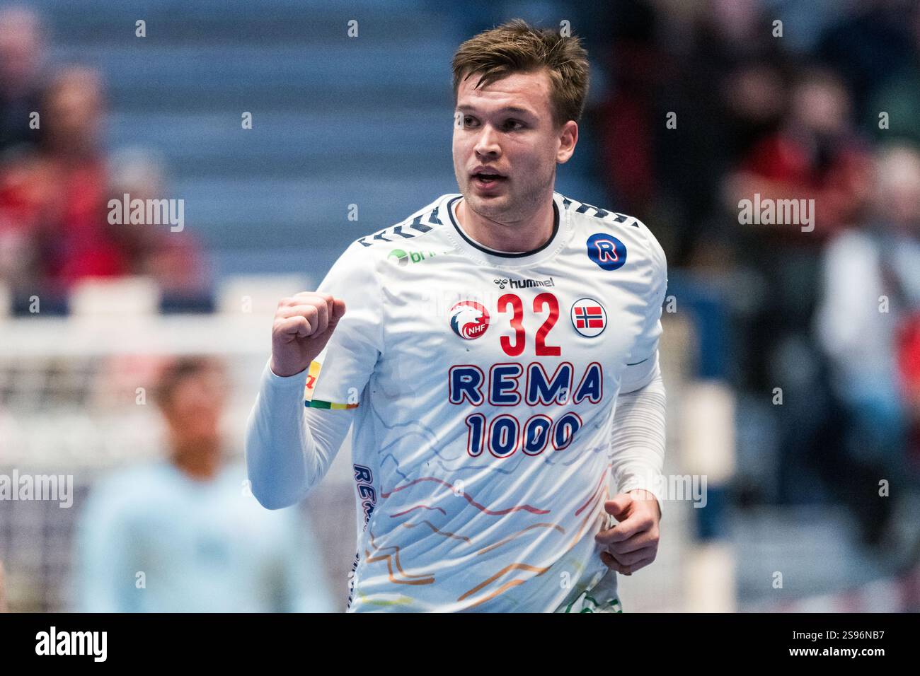 250124 Thomas Alfred Solstad of Norway celebrates during the 2025 IHF ...