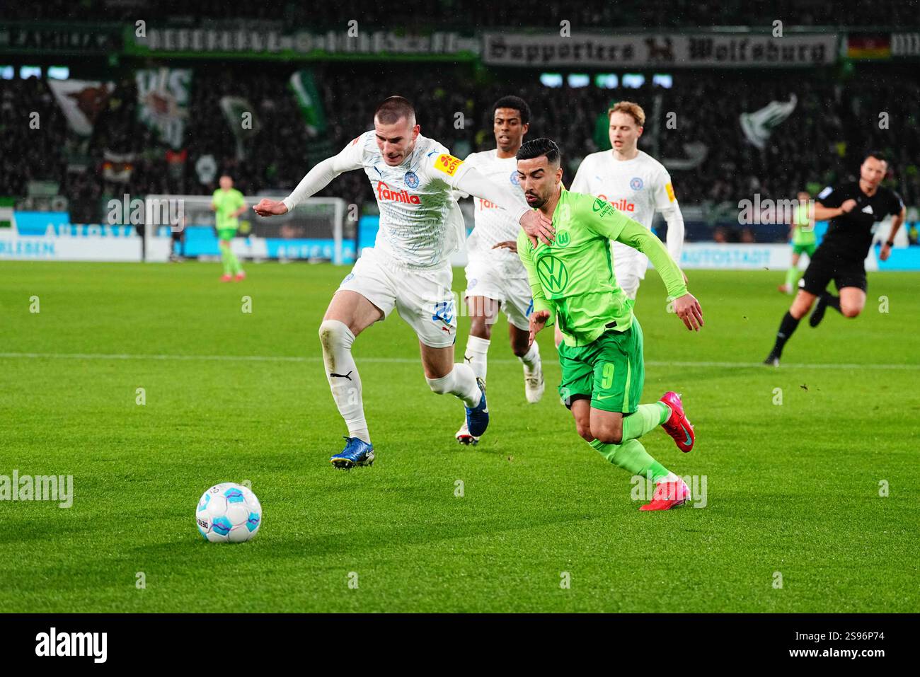 January 24 2025: Mohamed Amoura (VfL Wolfsburg) controls the ball ...