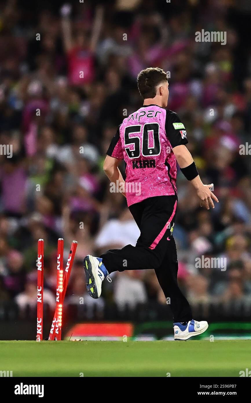 Hayden Kerr of Sydney Sixers celebrates after bowling out Hugh Weibgen ...