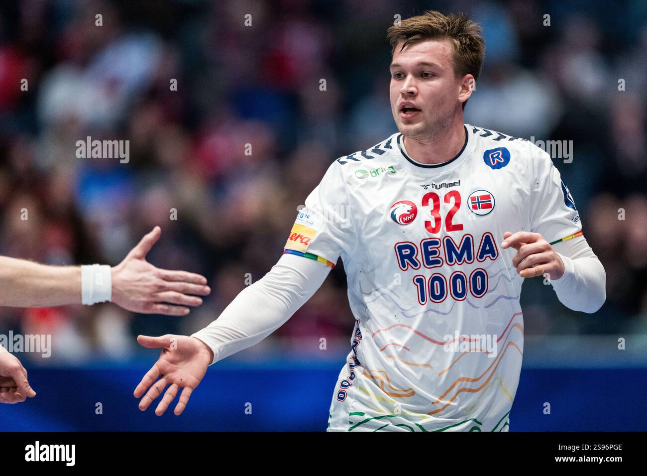 250124 Thomas Alfred Solstad of Norway celebrates during the 2025 IHF ...