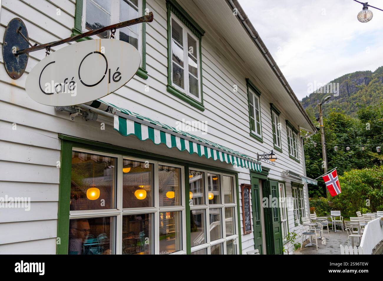 Geiranger Village, More og Romsdal County in Norway fjord region, Cafe ...