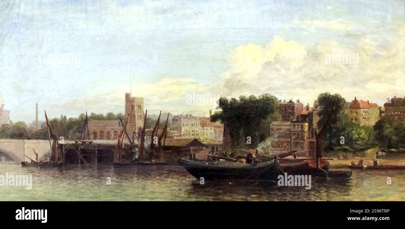 Gordon Arthur Meadows - - Oil painting - River scene with barges and ...