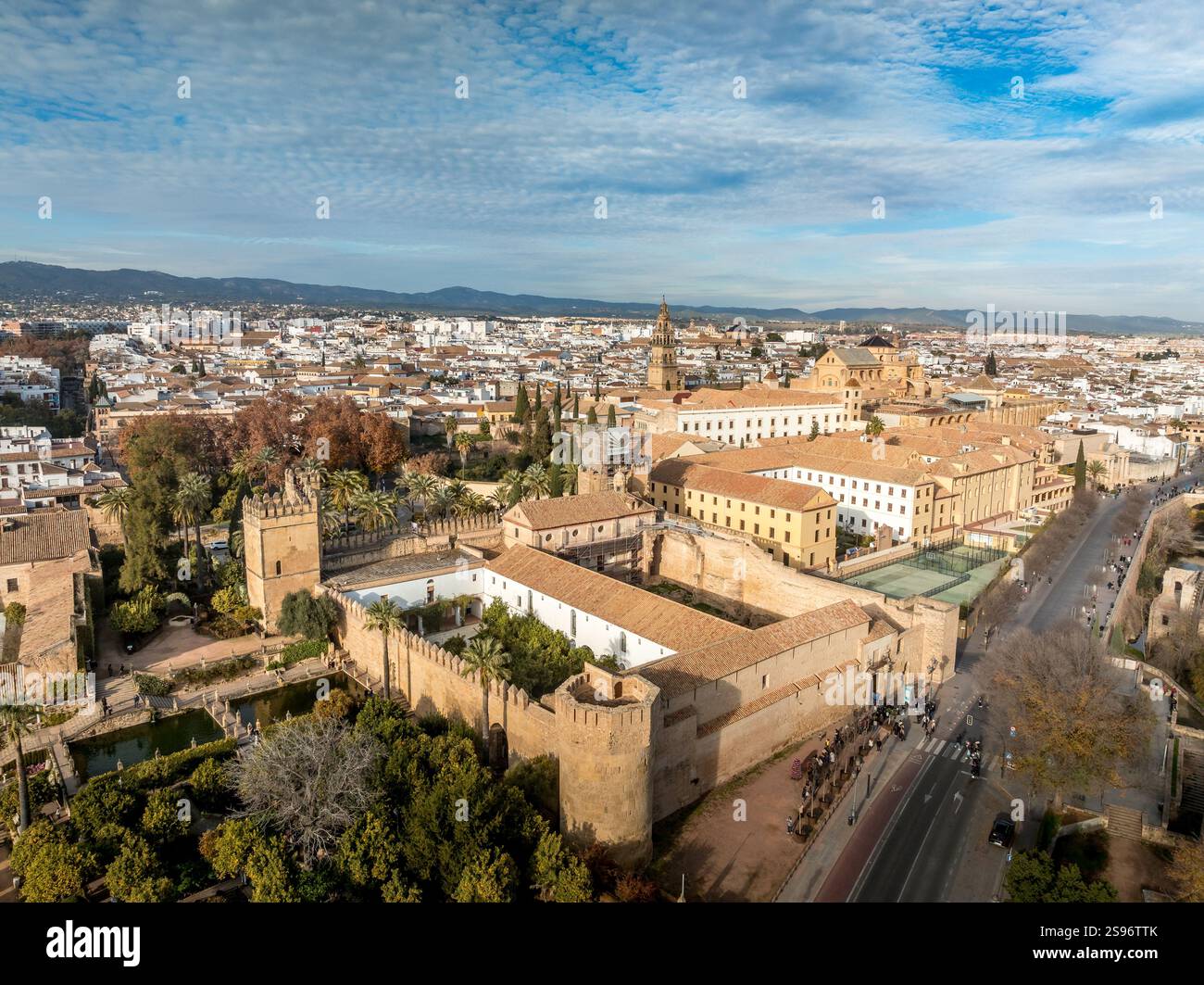 Aerial view of Alcazar of Cordoba. Mudéjar-style 1300s palace with ...
