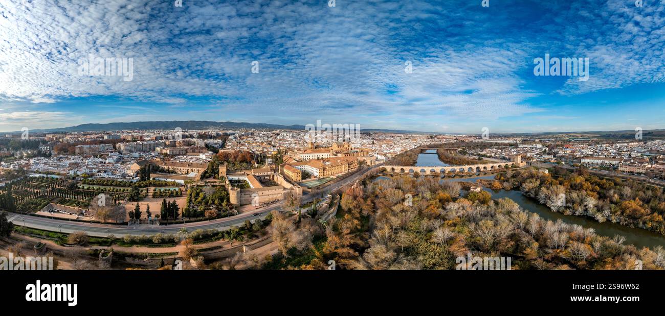 Aerial view of Cordoba Spain, Roman bridge over Guadalquivir river ...