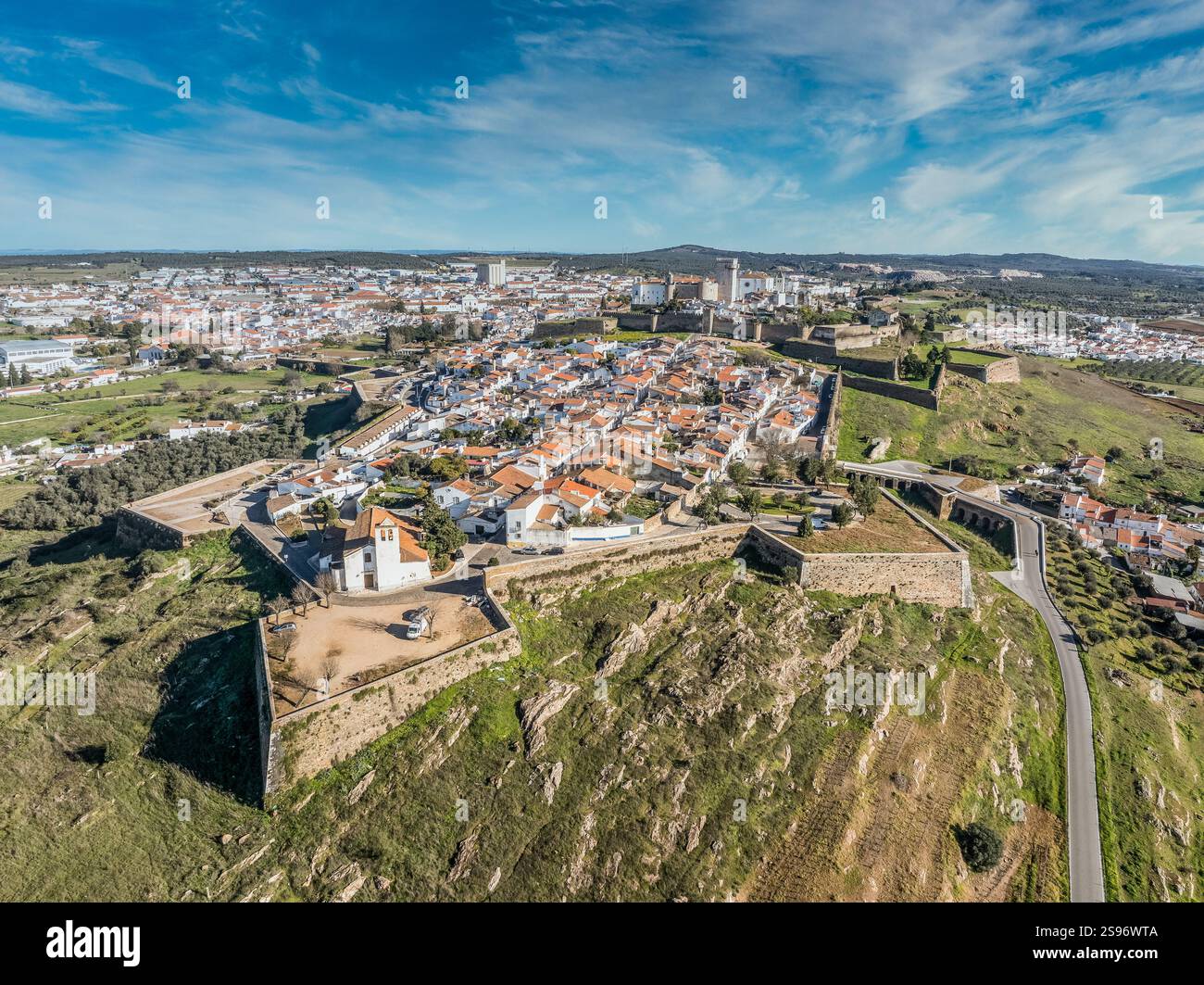 Aerial view of the castle of Estremoz in Portugal dominated by a square ...