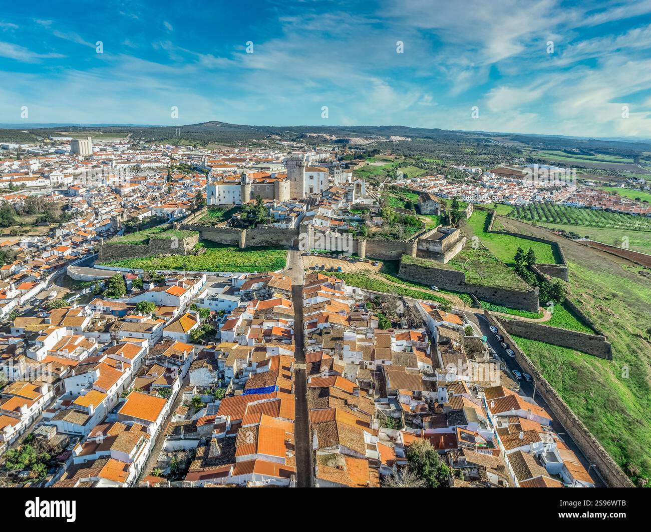 Aerial view of the castle of Estremoz in Portugal dominated by a square ...