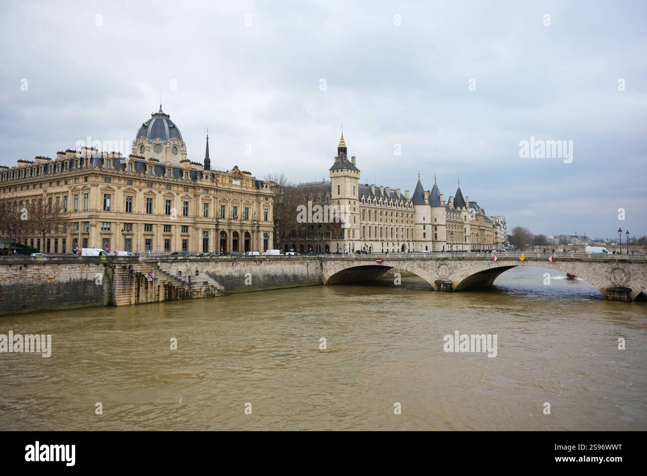 A picturesque view of historic Parisian landmarks along the Seine River ...
