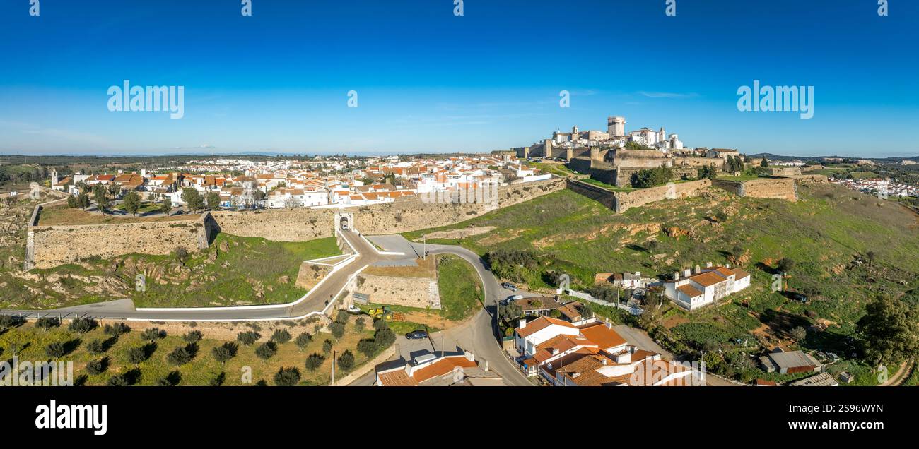 Aerial view of the castle of Estremoz in Portugal dominated by a square ...