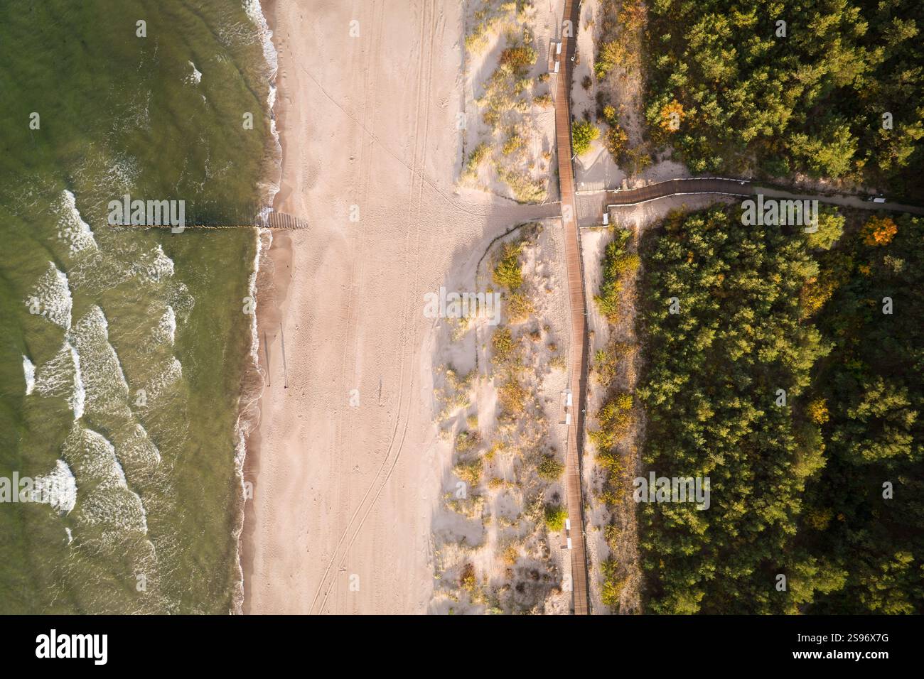 Aerial Top View of a Beach with Boardwalk and Forest Stock Photo - Alamy