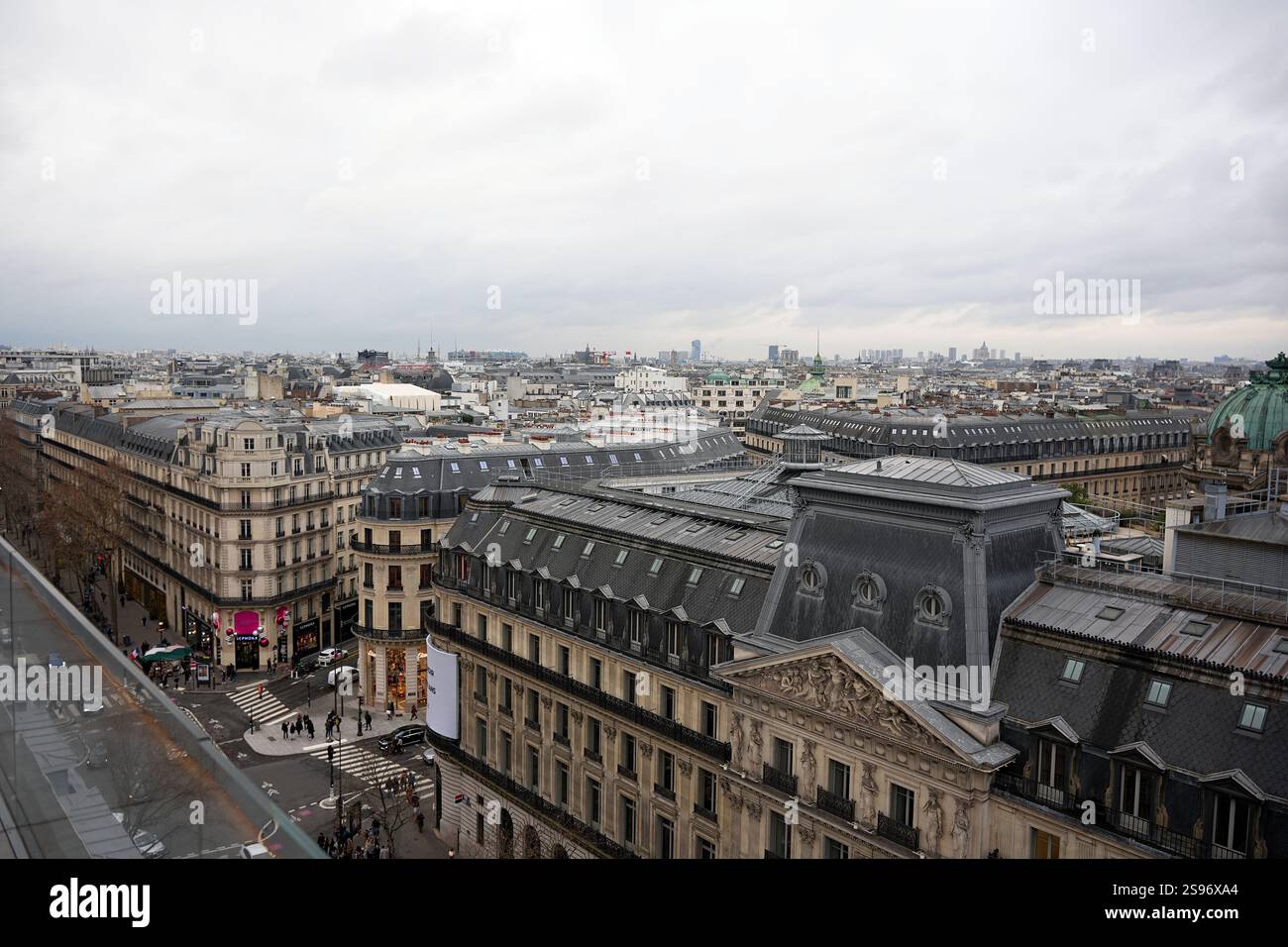 A panoramic view of Parisian rooftops and streets, showcasing intricate ...