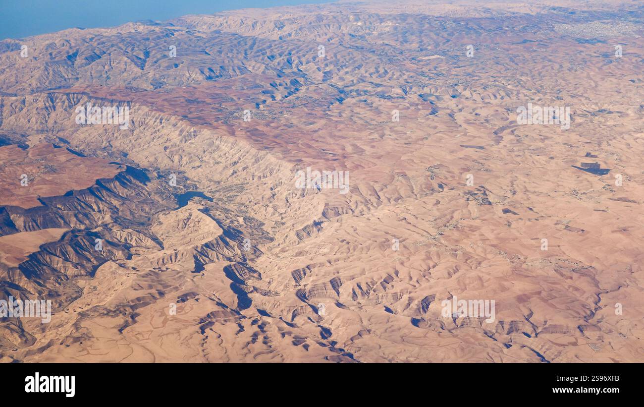 Aerial view of the mountains and canyons in the Wadi Rum desert, Jordan ...