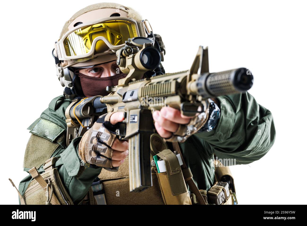 Person portraying tactical readiness, dressed in military attire and ...