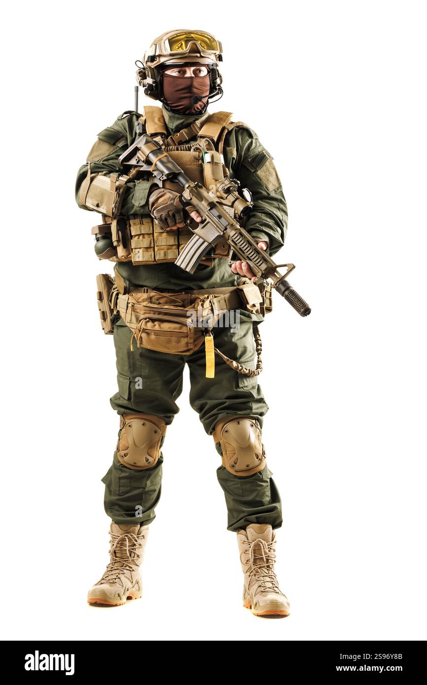 A battle-ready soldier equipped with comprehensive tactical gear ...