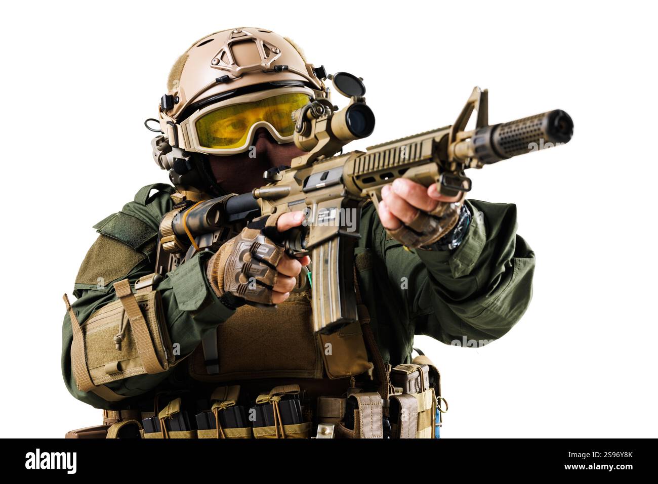 Tactical soldier equipped with modern protective gear and rifle in an ...