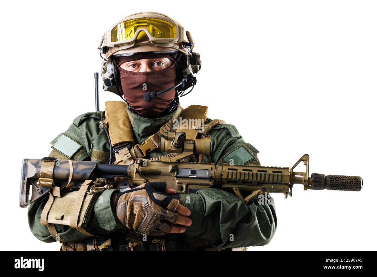 Professional military soldier equipped with tactical gear, camouflage ...