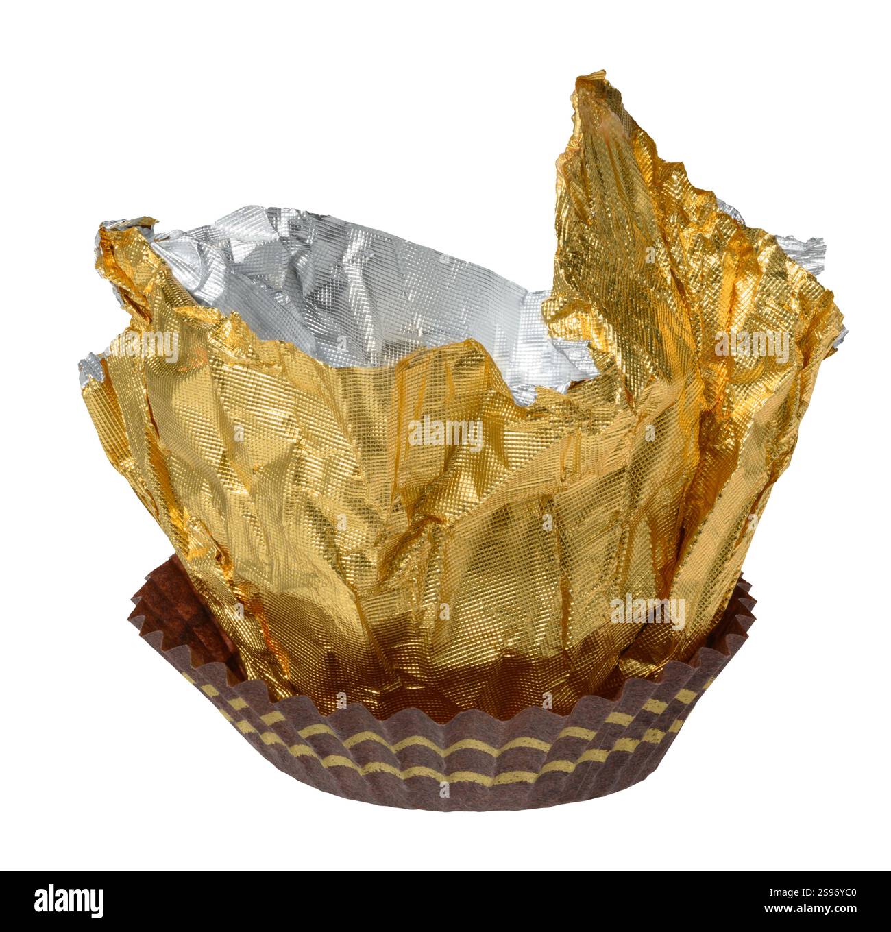 Crumpled sheet of yellow foil in paper basket, candy wrapper Stock Photo - Alamy