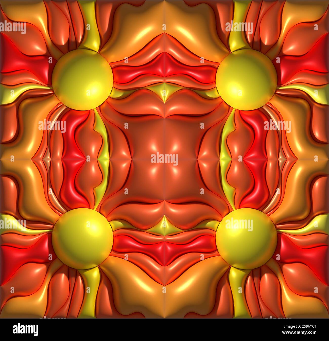 Volumetric yellow circle and orange rays with shiny smooth surface, pattern, 3D rendering ...