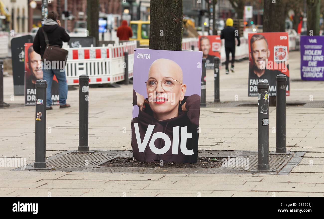 Ein Wahlplakat der Partei Volt mit dem Konterfei von Britta Peters ...