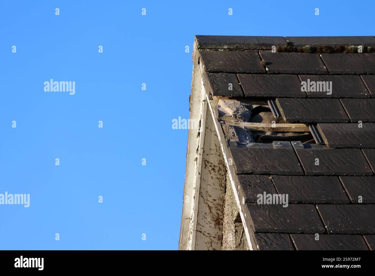 Rooftiles missing from a roof following Storm Éowyn Stock Photo - Alamy