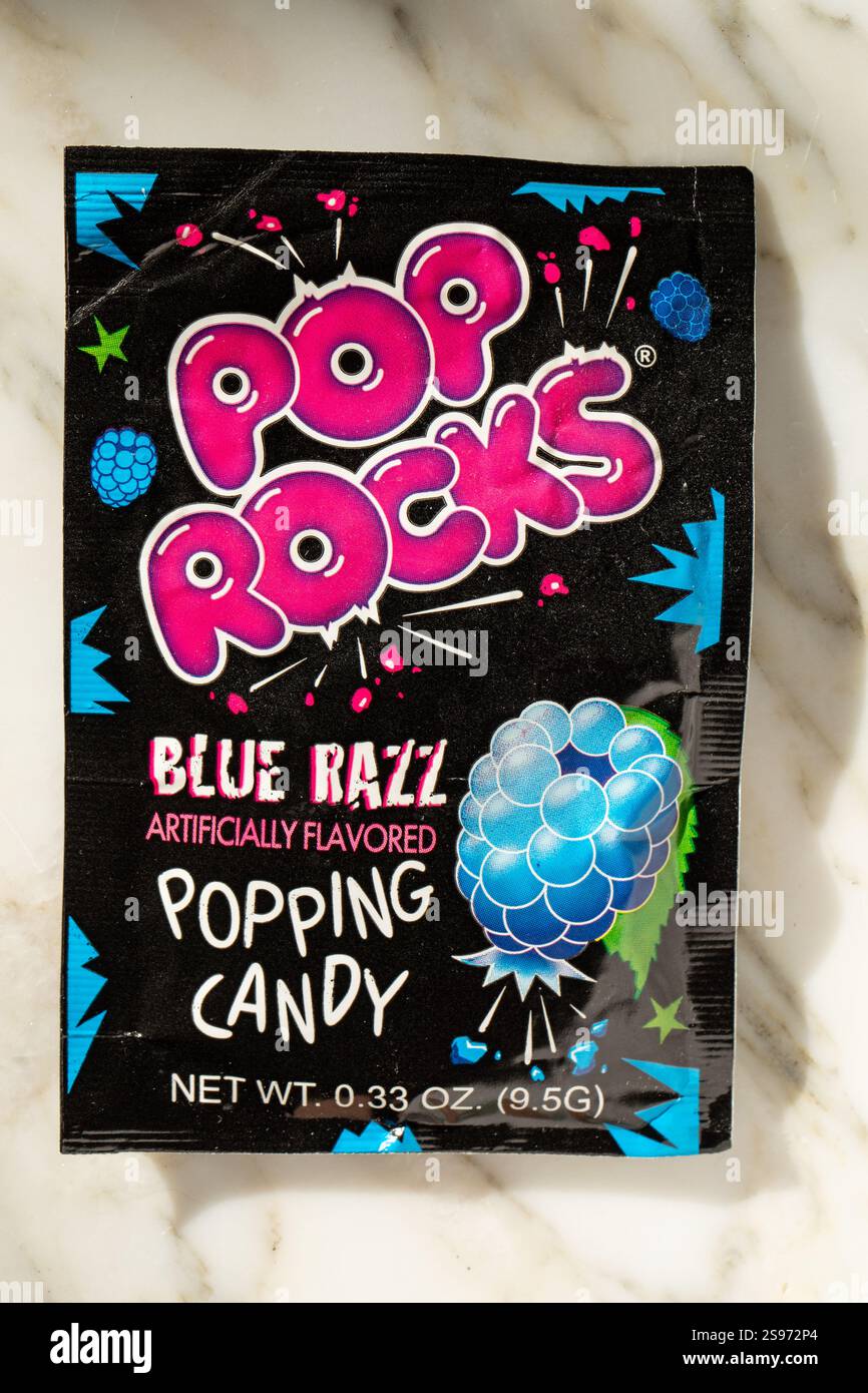 packet of Pop Rocks, popping candy in Blue Razz flavor made in Spain ...