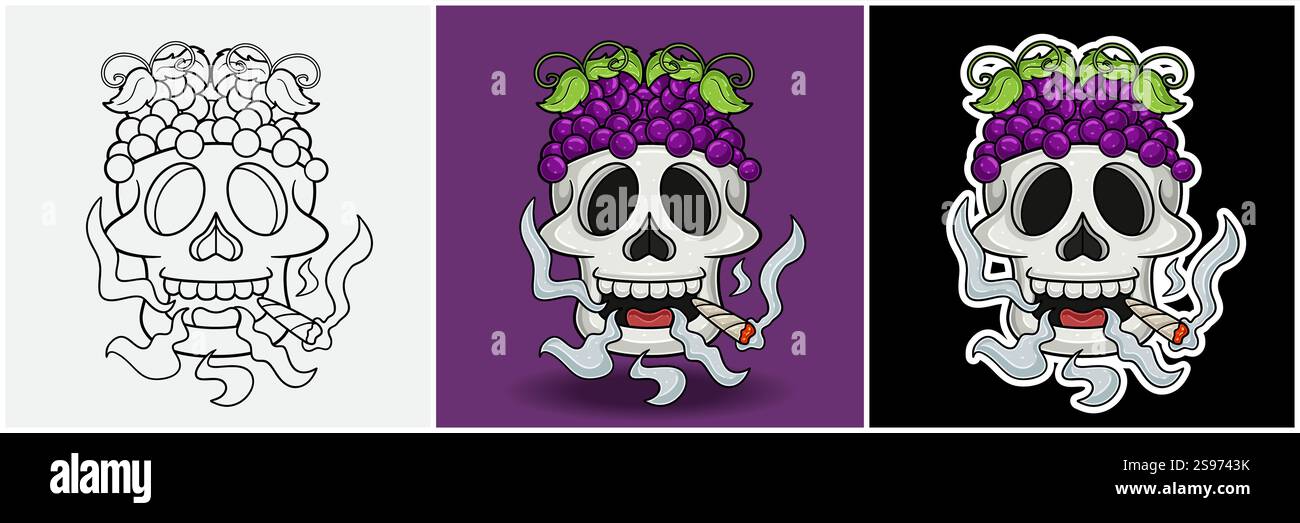 Grape Fruit Inside Skull Head With Smoking Character Cartoon. Black ...