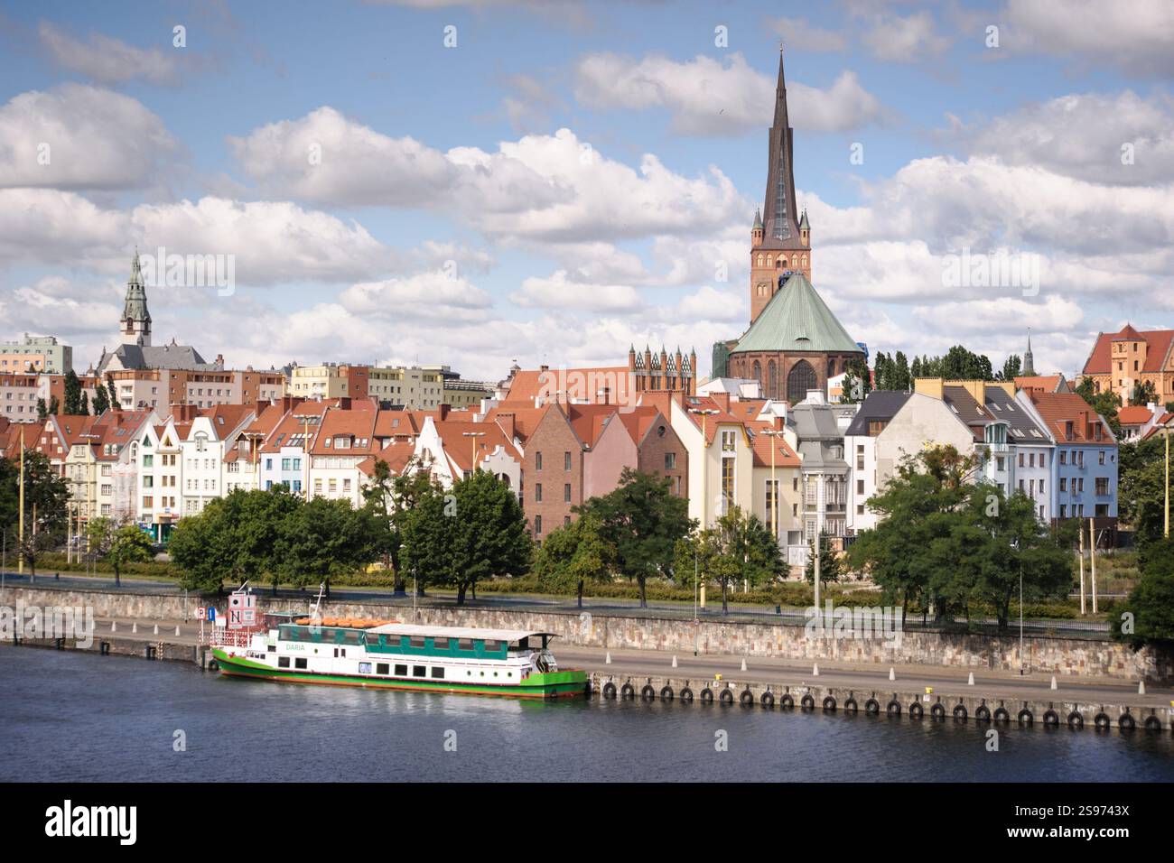 Szczecin Cityscape with Ferry Boat and St. James Cathedral Stock Photo ...