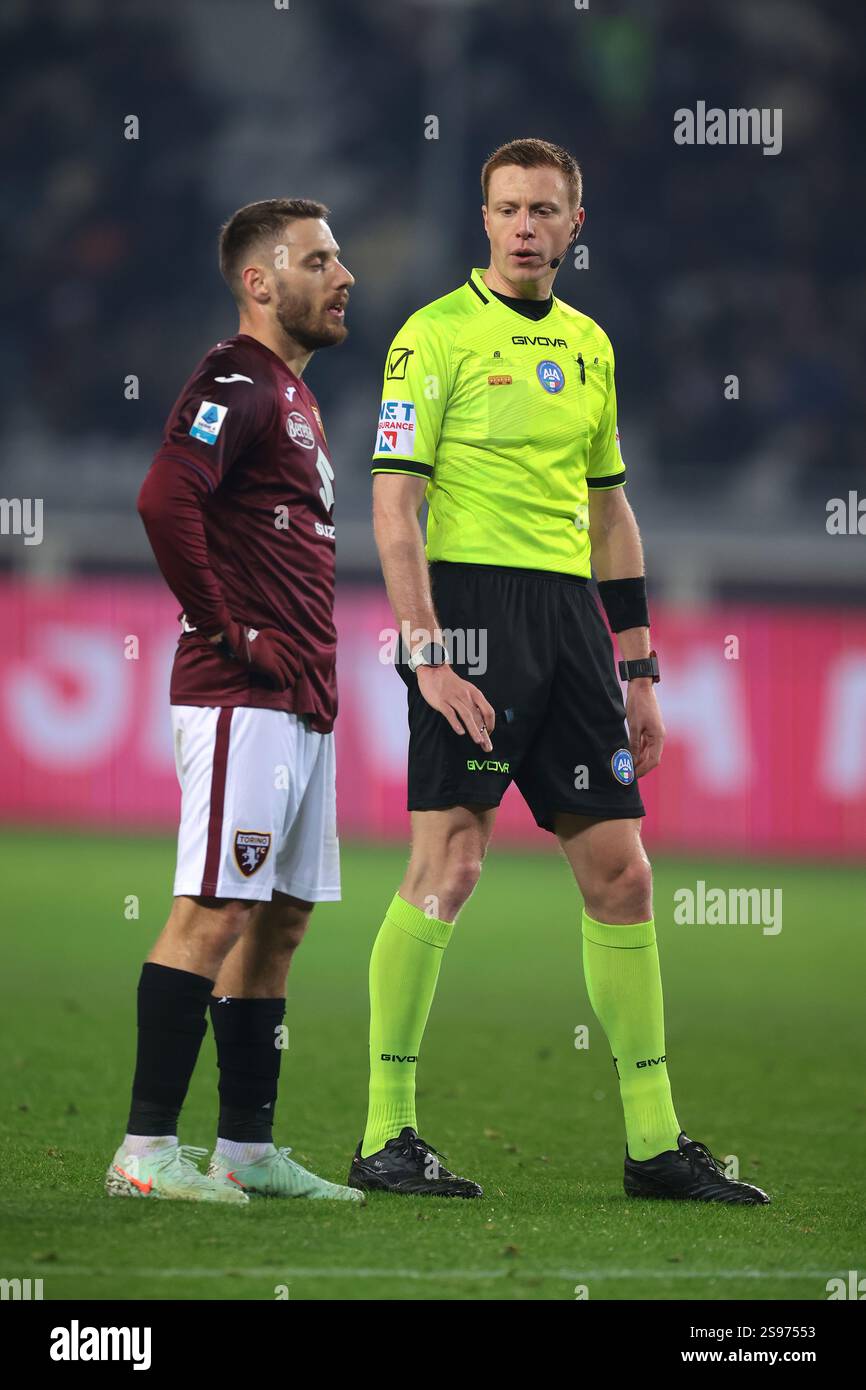 Turin, Italy, 24th January 2025. The Referee Kevin Bonacina reacts with ...
