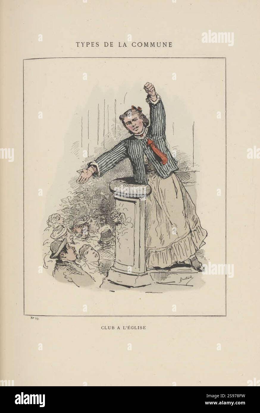 Gravure Types de la Commune - Club à l'église (femme en tribune ...