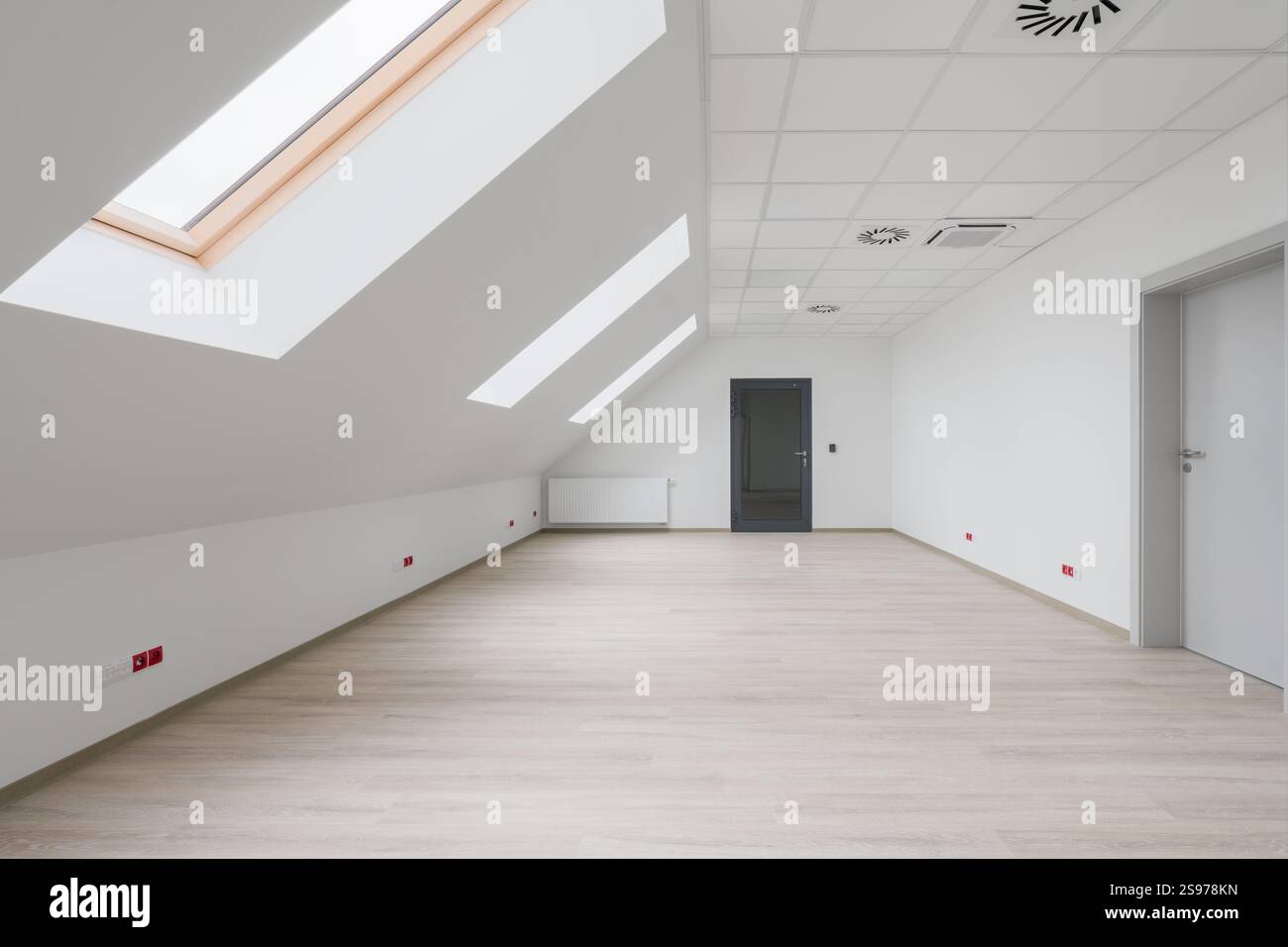 Empty Modern Attic Room with Skylights and Doors Stock Photo - Alamy