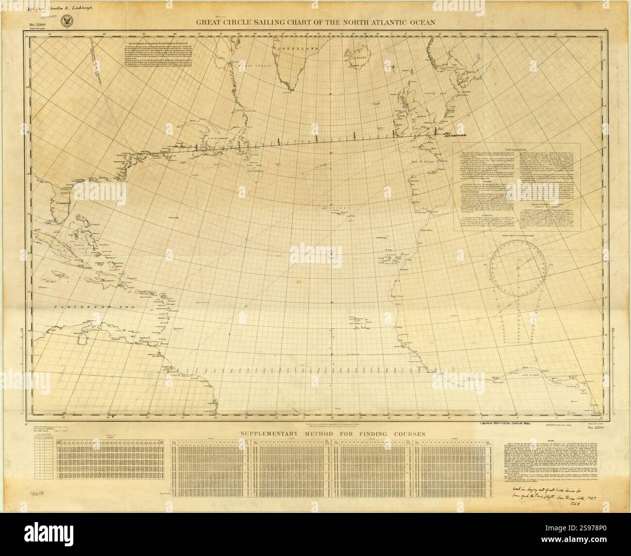 Great Circle Sailing Chart of the North Atlantic annotated by Lindbergh ...