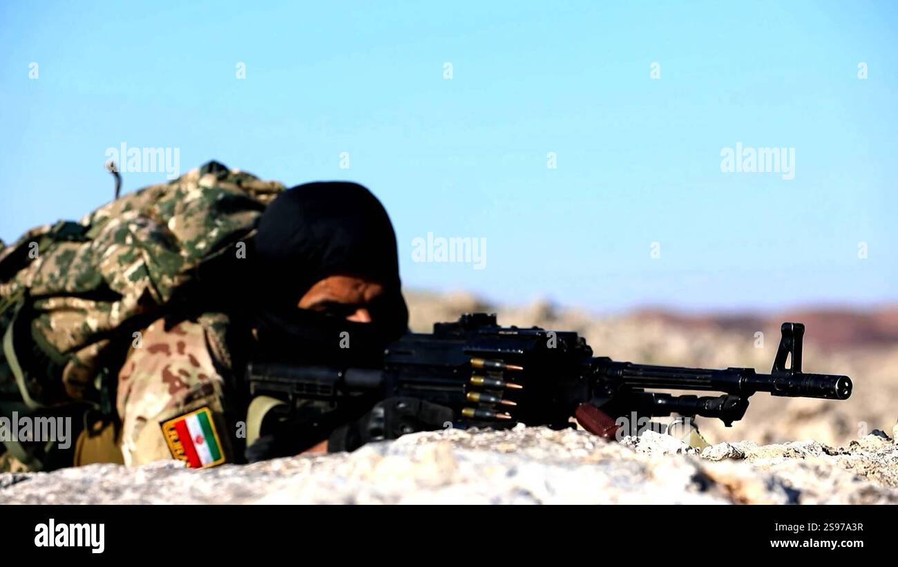 January 24, 2025, Persian Gulf, Iran: A soldier firing a weapon during ...