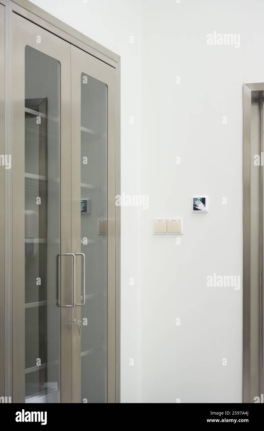 Modern Stainless Steel Cabinet with Glass Doors in operating room Stock ...