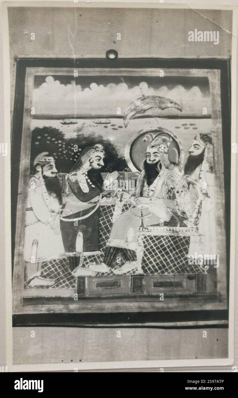 Grey-scale scan of a 19th century miniature painting of a Sikh (possibly a Sikh chief) seated on ...