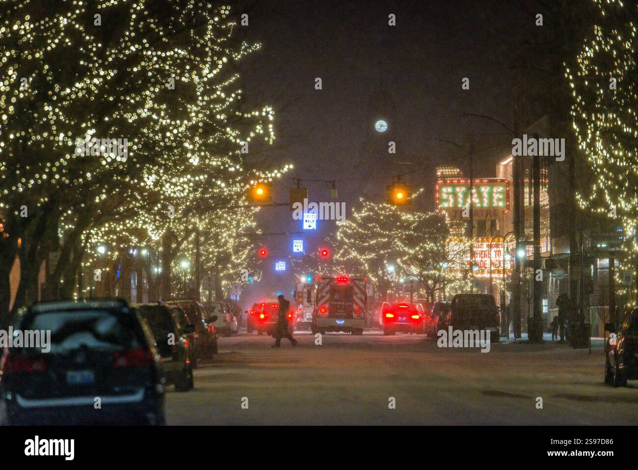 Snowy street scene at night, Traverse City, Michigan, USA Stock Photo ...