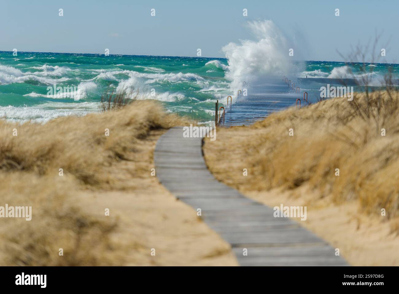 Waves crashing on dock, Lake Michigan, Frankfort, Michigan, USA Stock ...