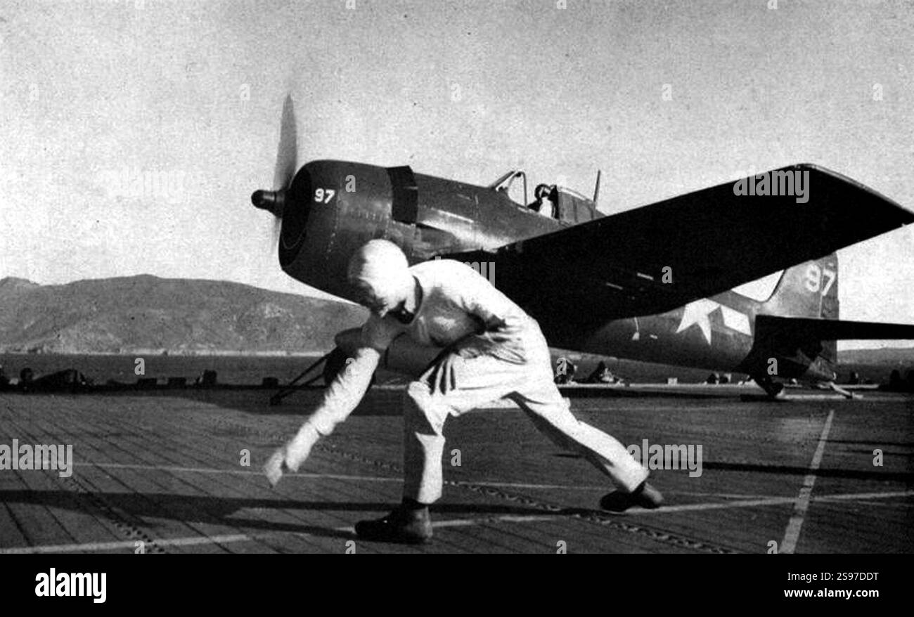 Grumman F6F-5 Hellcat of VF-82 is launched from USS Bennington (CV-20 ...