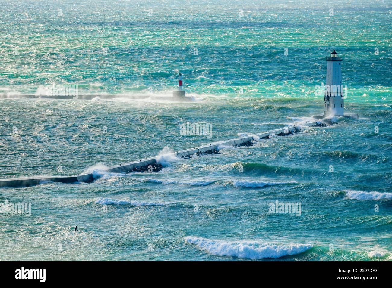 Frankfort North lighthouse and pier, Lake Michigan, Frankfort, Michigan ...