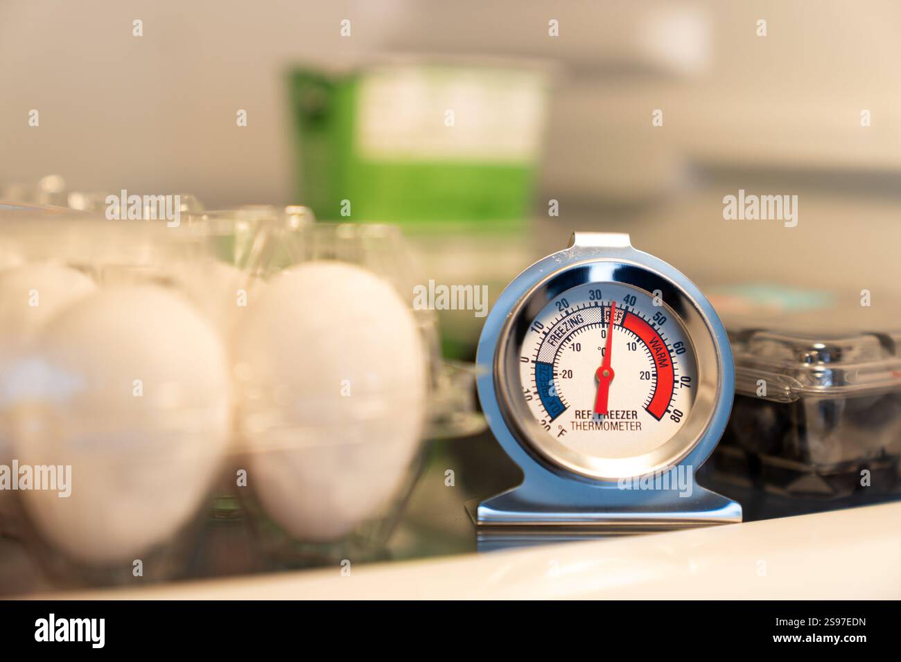 Refrigerator thermometer with eggs and blueberries in cold storage unit ...