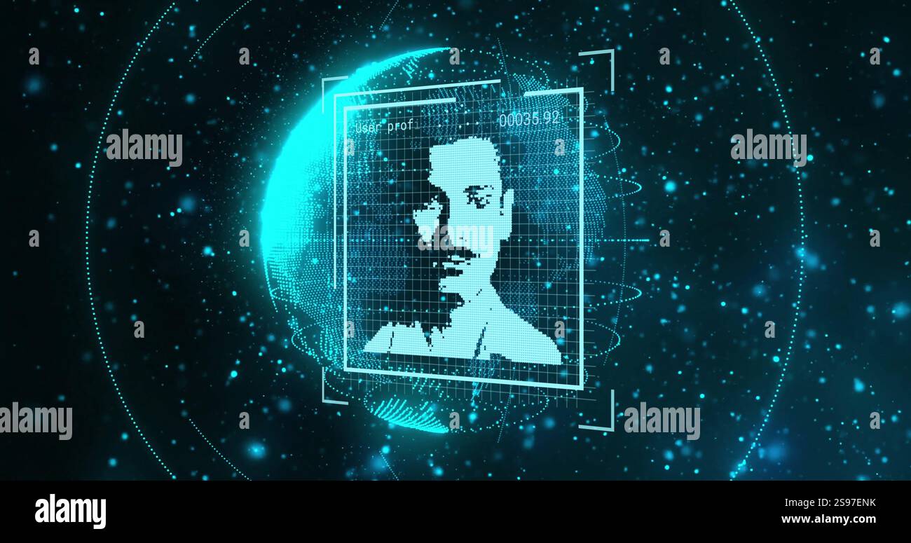 Digital portrait over glowing globe, futuristic data visualization ...