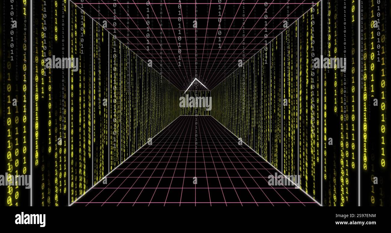 Digital tunnel with green binary code and grid lines, image of data ...