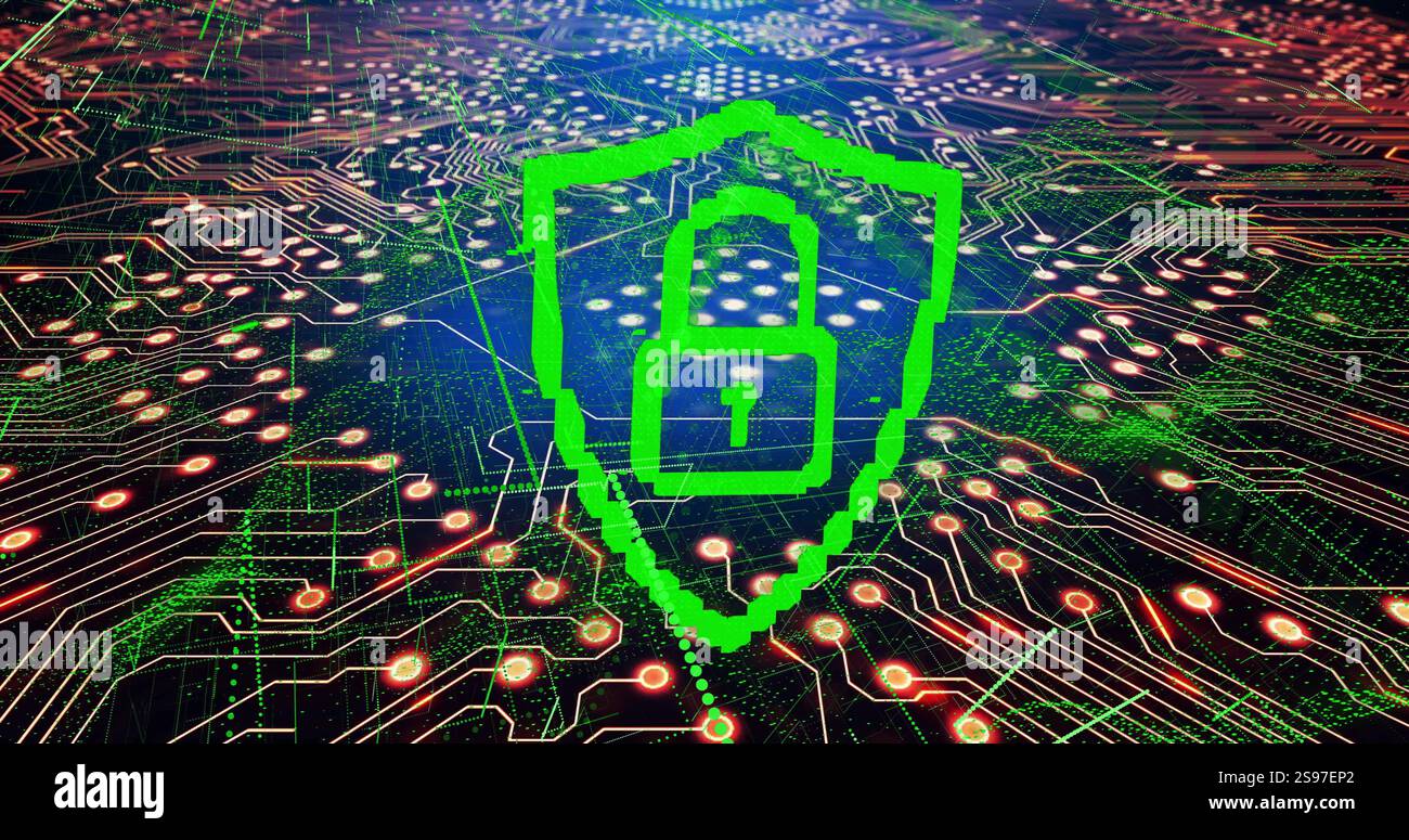 Green lock and shield image over circuit board background Stock Photo ...